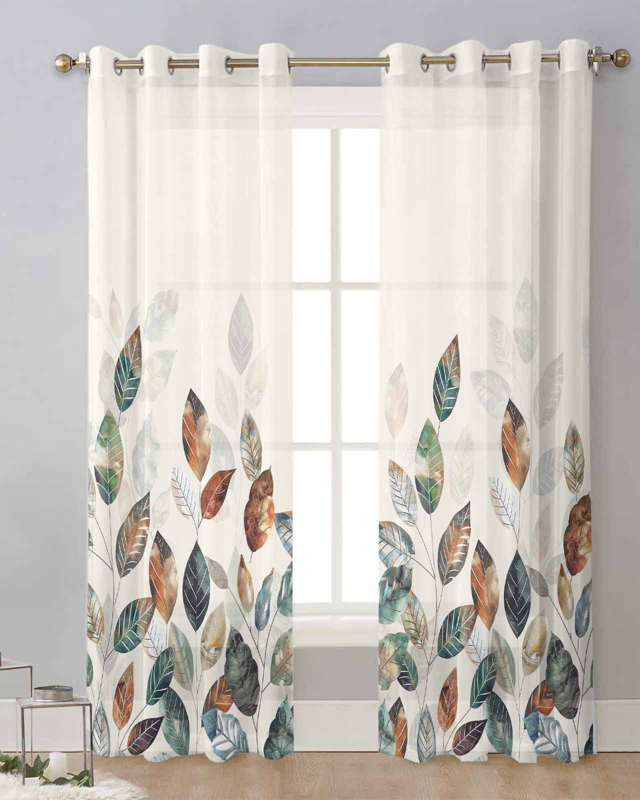 Autumn Thanksgiving Blue-Green Yellow Leaf Plants Voile Curtain Window ...