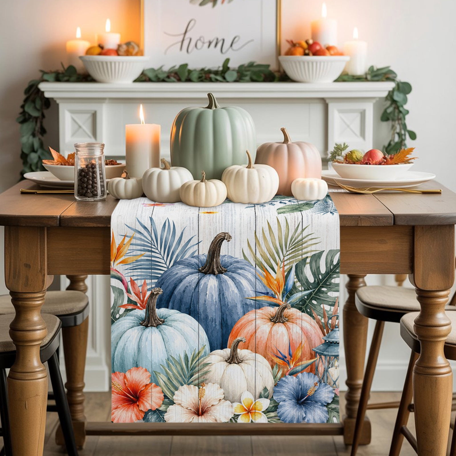 Autumn Thanksgiving Blue Pumpkins Table Runner 13x48in Non-Slip Cotton ...