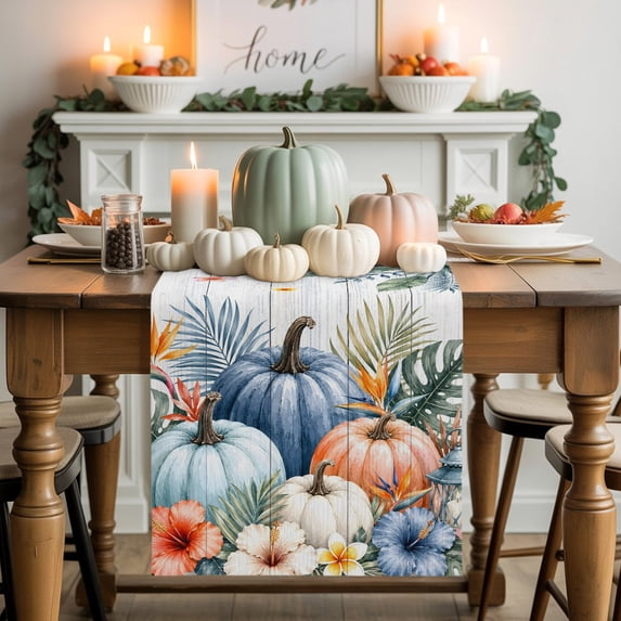 Autumn Thanksgiving Blue Pumpkins Table Runner 13x48in Non-Slip Cotton ...