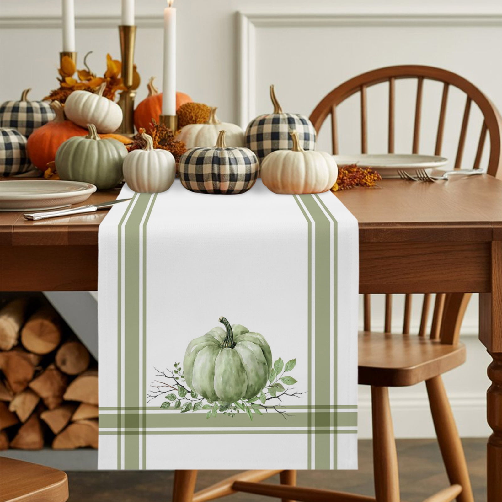 Autumn Thanksgiving Green Pumpkin Leaves Table Runner 13x72in Non-Slip ...