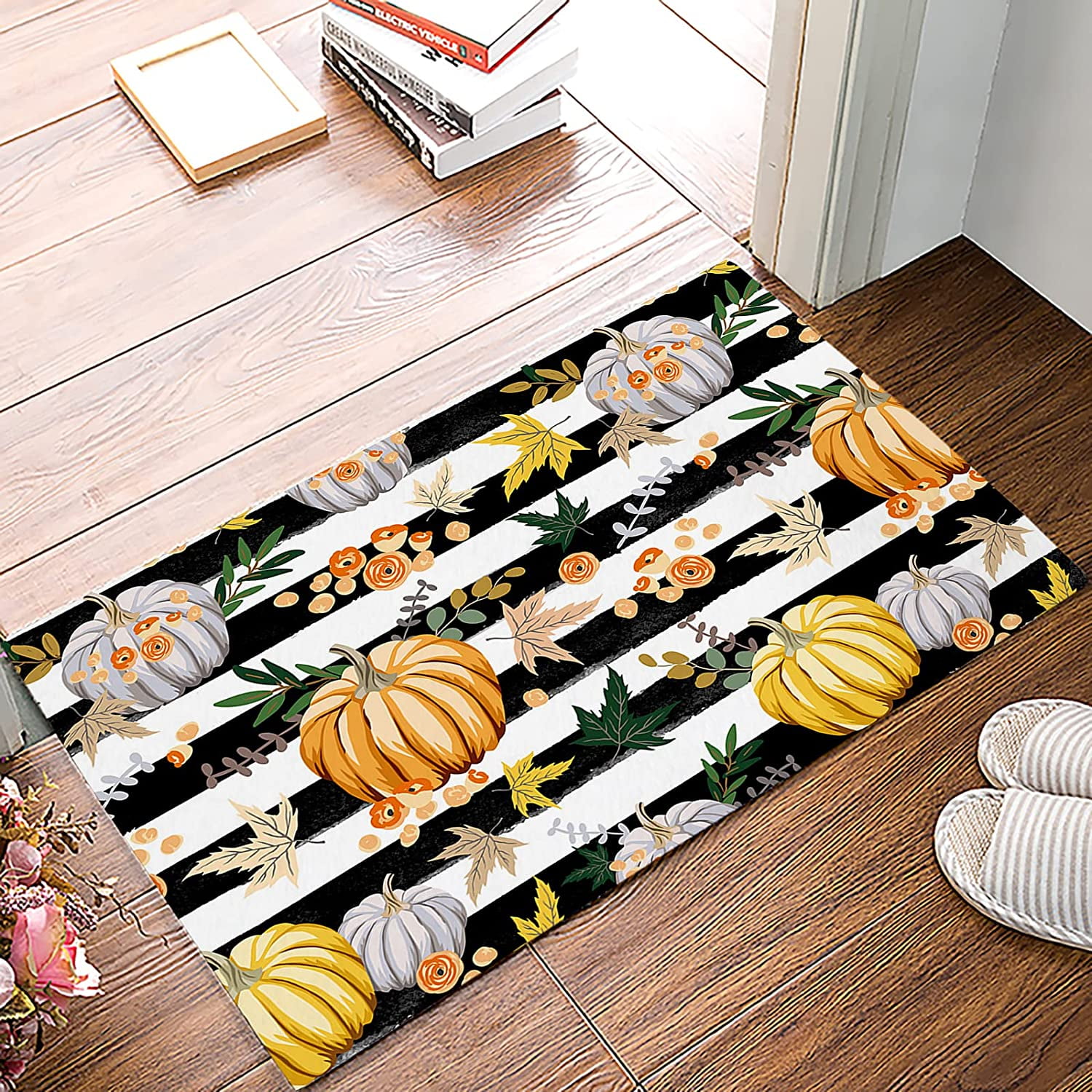 Autumn Thanksgiving Harvest Pumpkins Watercolor Plants Black Stripes ...