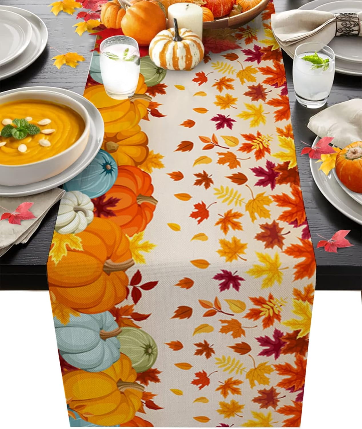 Autumn Thanksgiving Linen Table Runners Fall Maple Leaves Pumpkin Table ...
