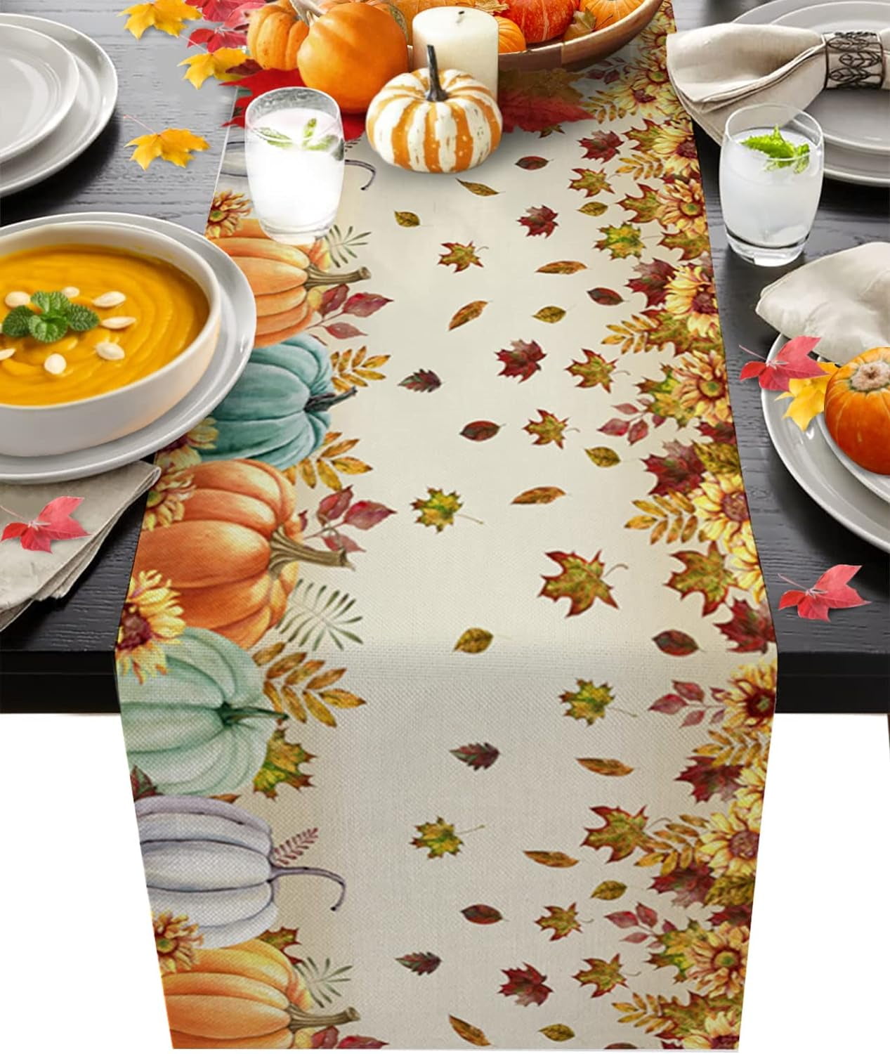 Autumn Thanksgiving Linen Table Runners Fall Maple Leaves Pumpkin Table ...
