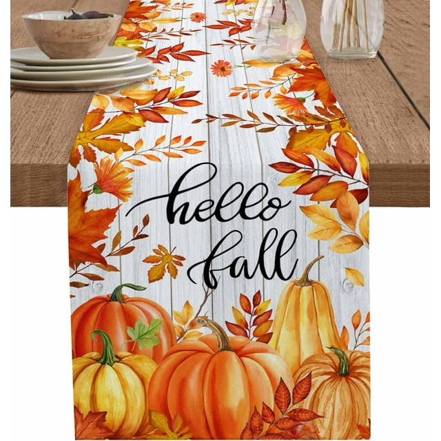Autumn Thanksgiving Maple Leaf Pumpkin Wood Grain Linen Table Runner ...