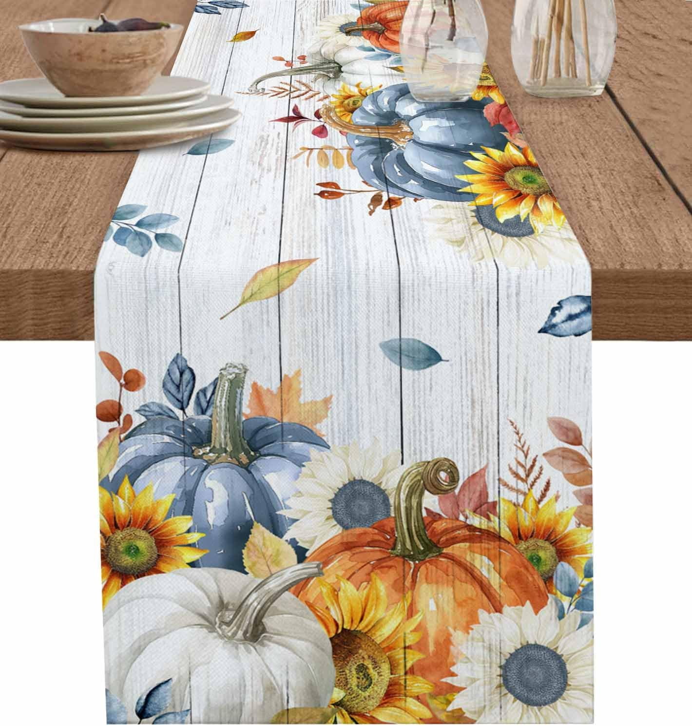 Autumn Thanksgiving Maple Leaf Pumpkin Wood Grain Linen Table Runner ...