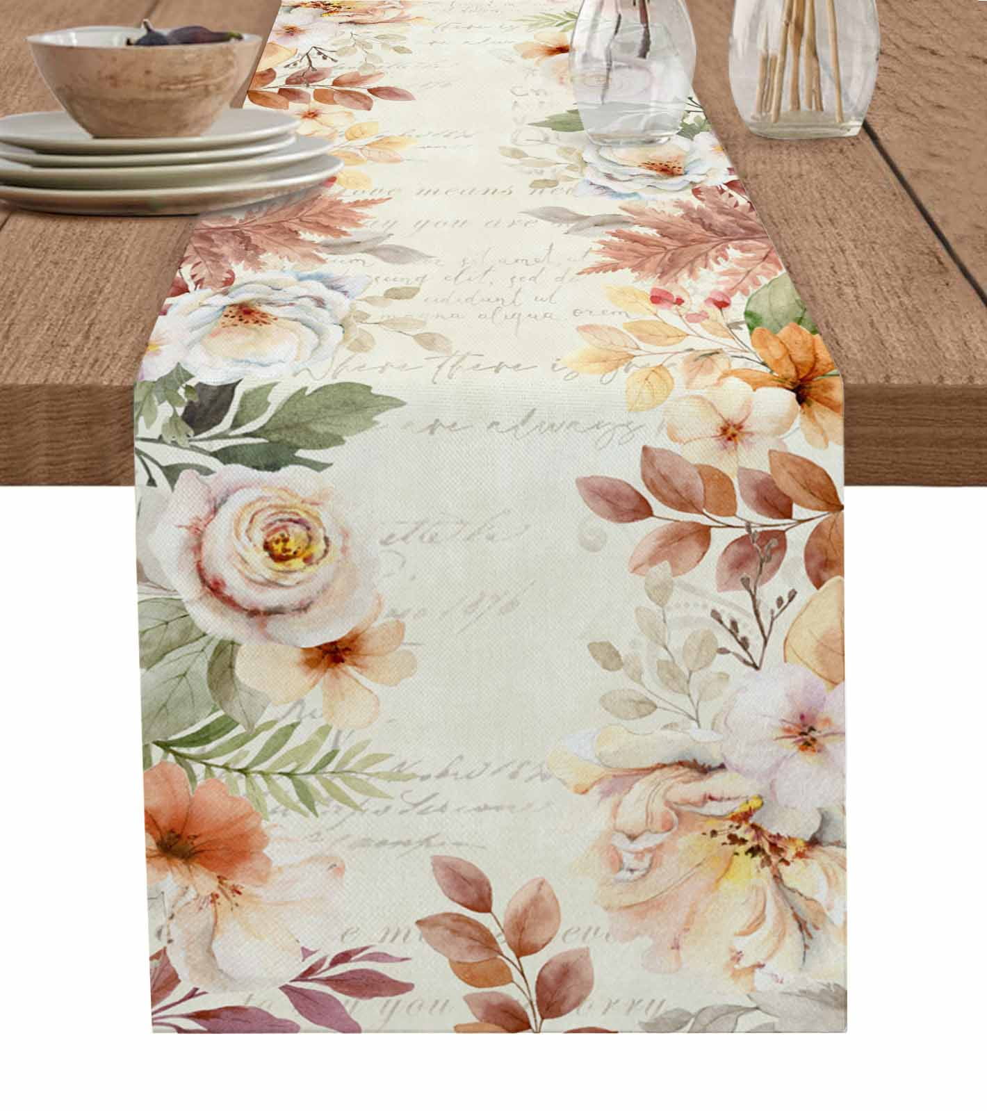Autumn Thanksgiving Plant Leaves Flower Beige Letter Table Runners for ...