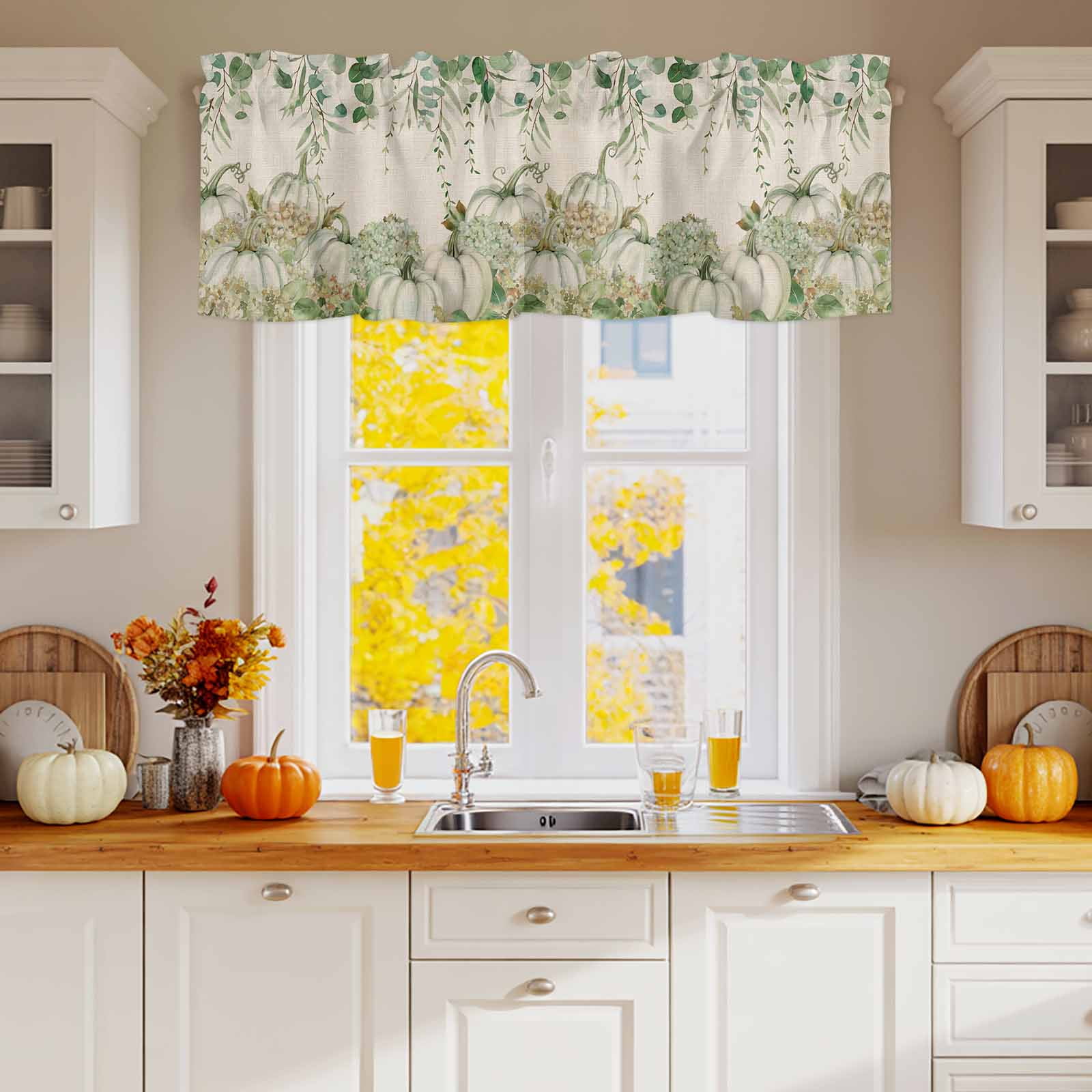 Autumn Thanksgiving Pumpkin Green Eucalyptus Valances for Windows ...