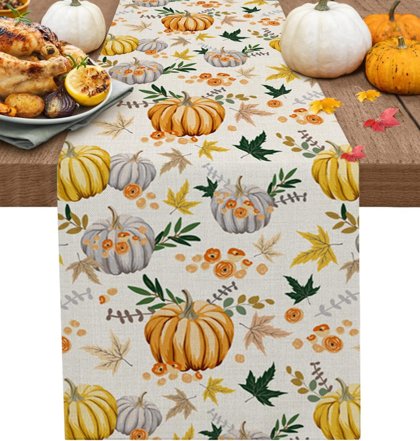 Autumn Thanksgiving Pumpkin Maple Leaves Linen Table Runners Fall ...