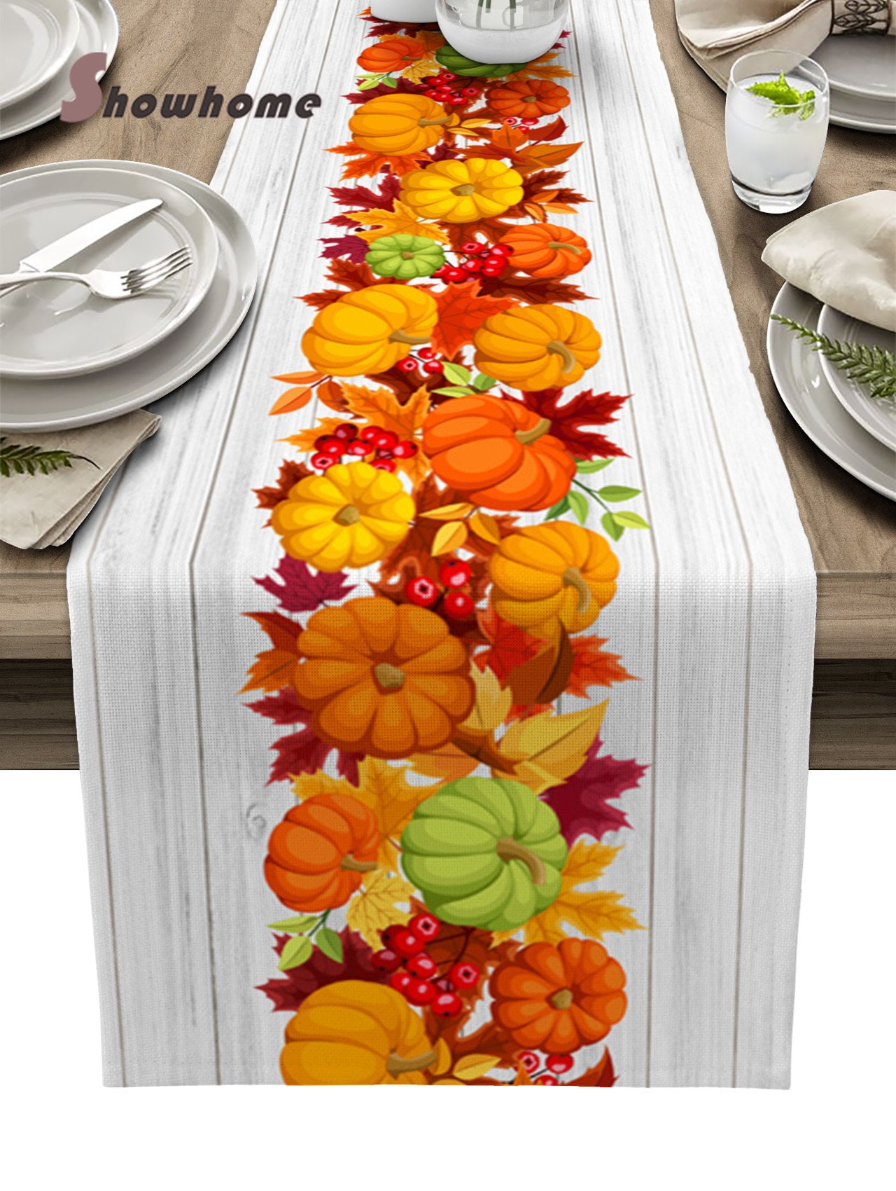 Autumn Thanksgiving Pumpkin Maple Leaves Table Runner Home Dining Table ...
