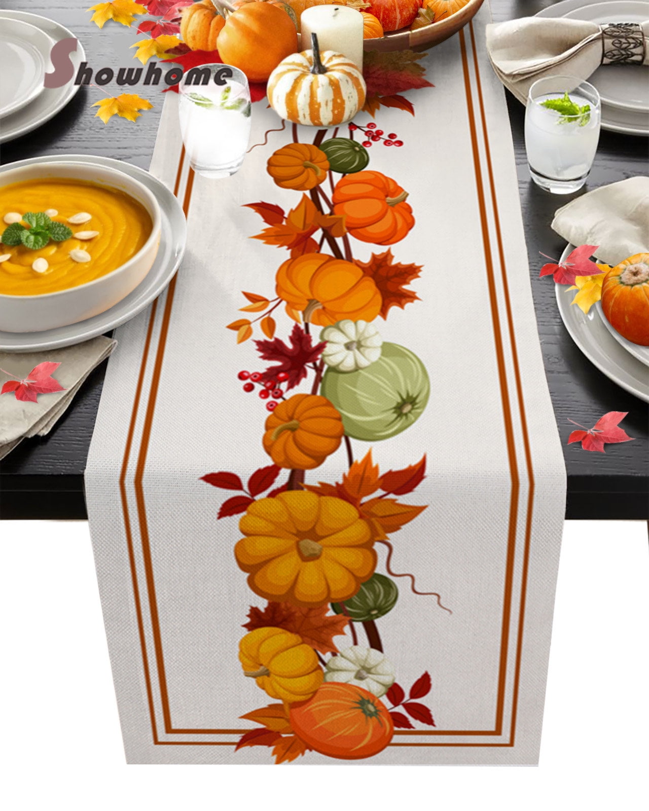 Autumn Thanksgiving Pumpkin Maple Leaves Table Runner Home Dining Table ...
