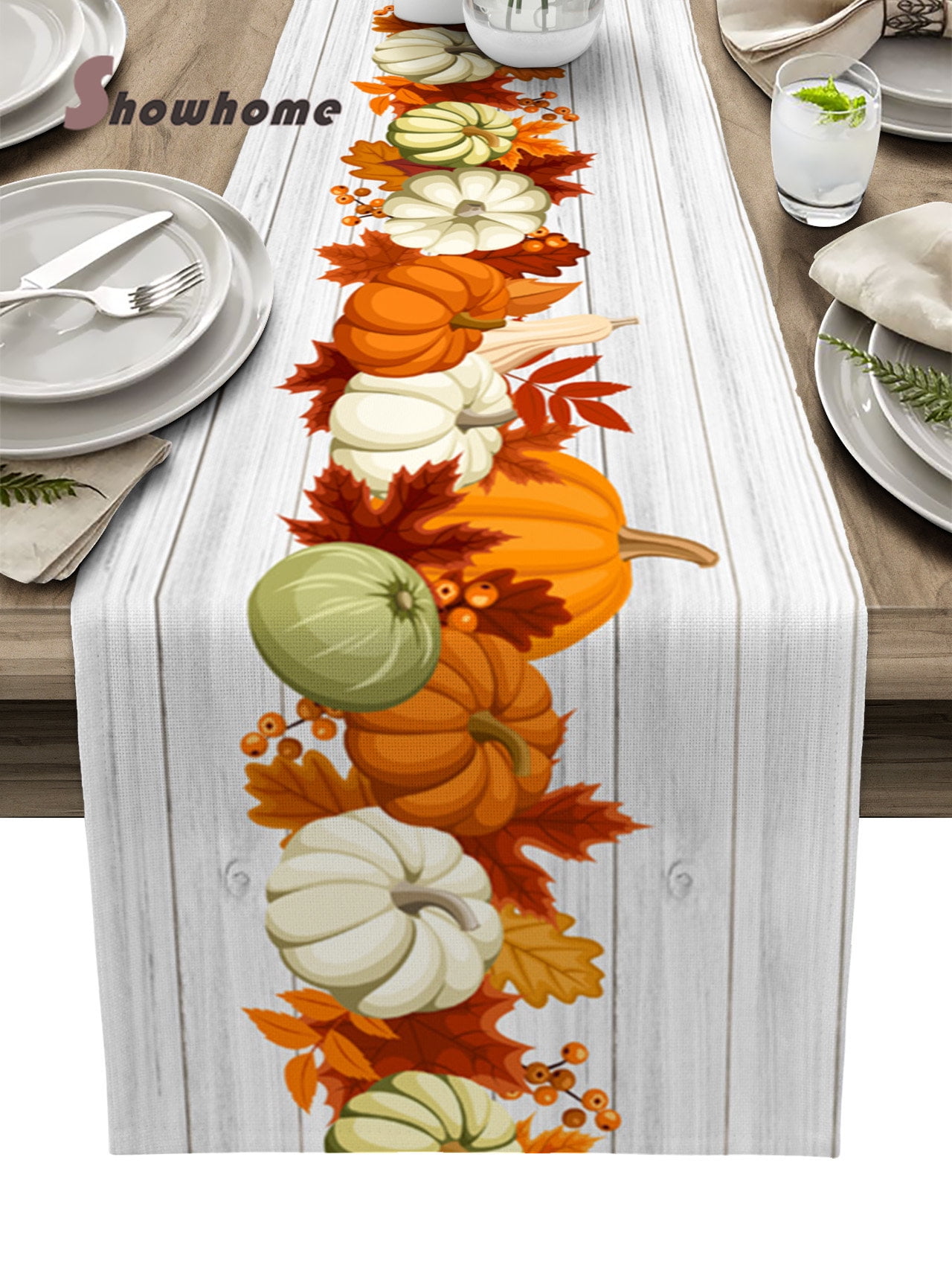 Autumn Thanksgiving Pumpkin Maple Leaves Table Runner Home Dining Table ...