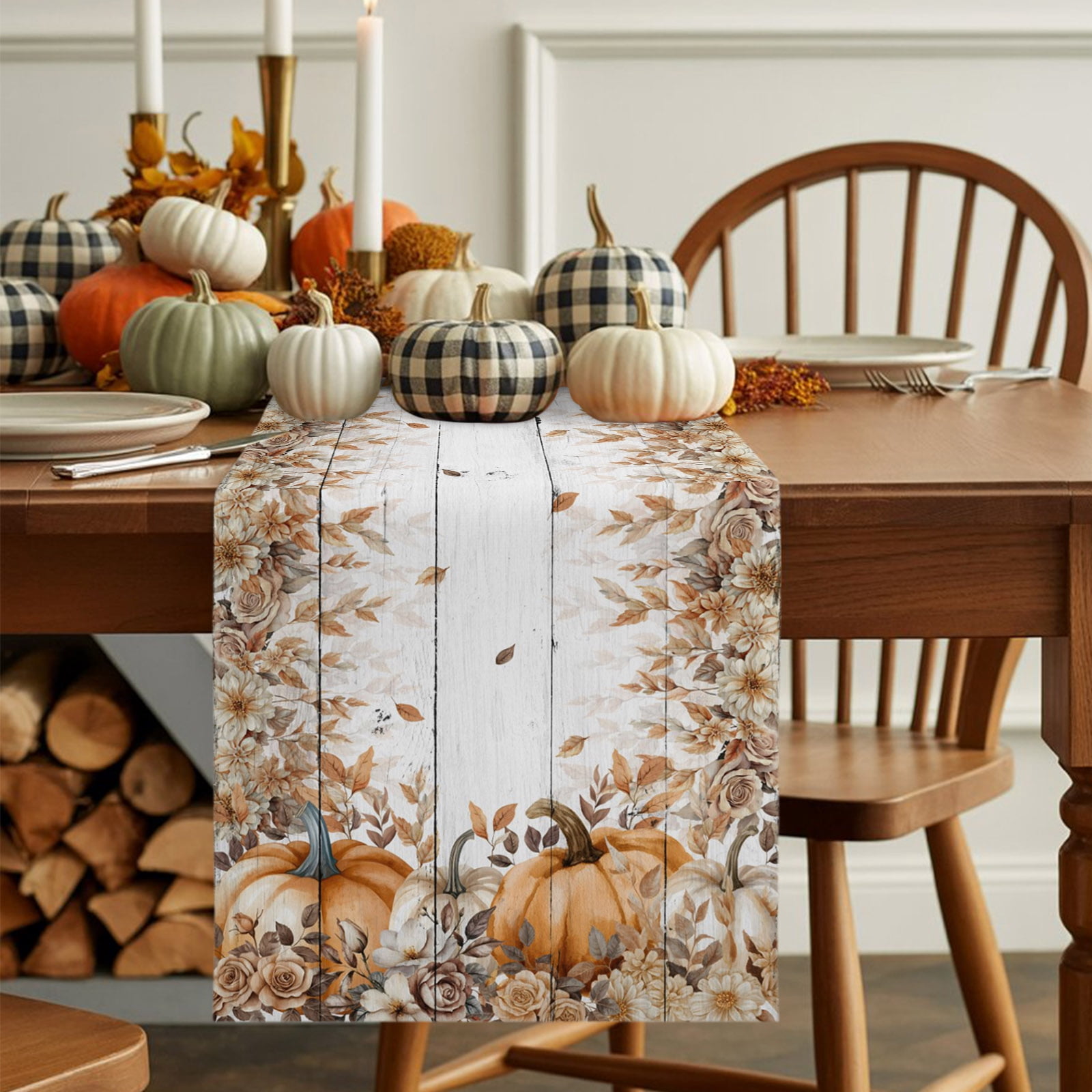 Autumn Thanksgiving Pumpkin Rose Table Runner 13x70in Non-Slip Cotton ...