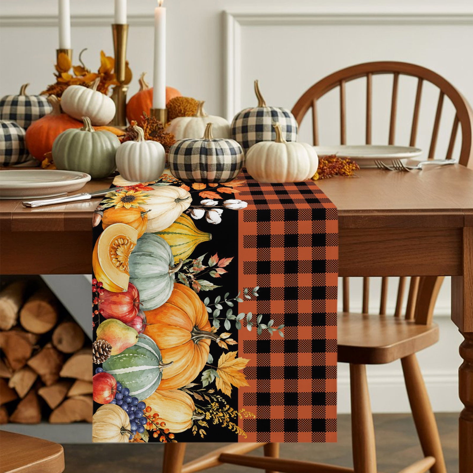 Autumn Thanksgiving Pumpkins Table Runner 13x70in Non-Slip Cotton Linen ...