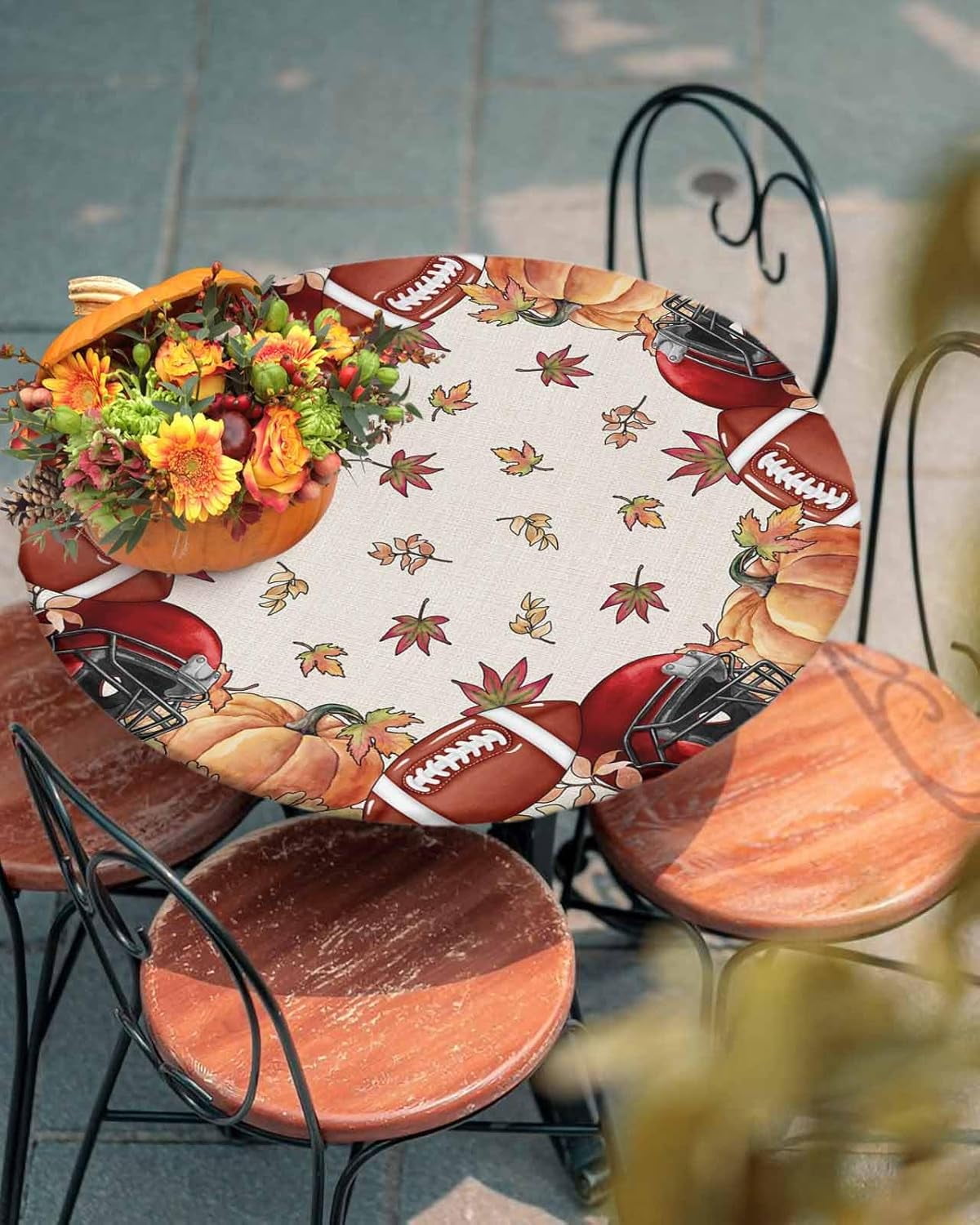 Autumn Thanksgiving Rugby Helmet Pumpkin Fitted Tablecloth for Round ...