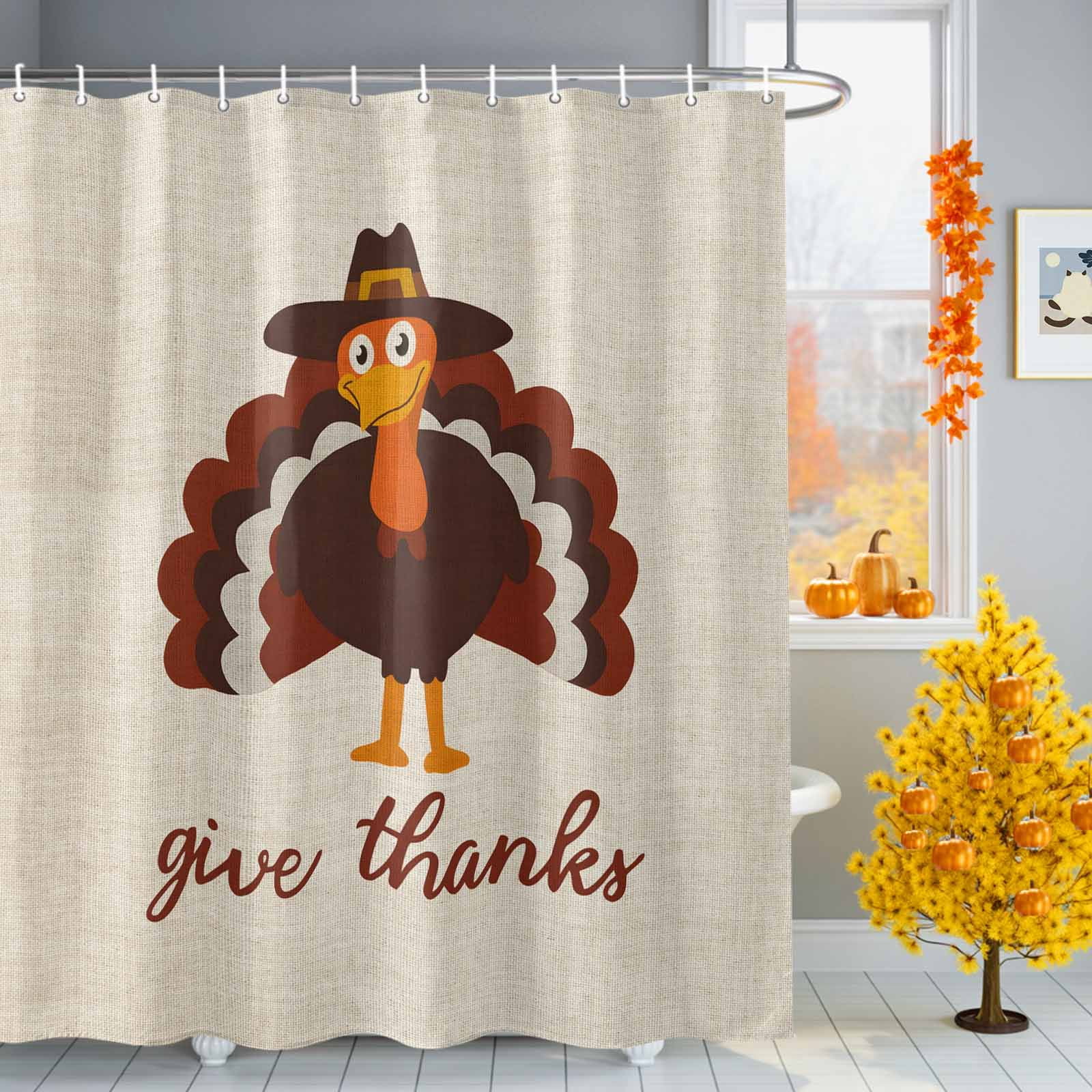 Autumn Thanksgiving Turkey Retro Linen Shower Curtain for Bathroom ...