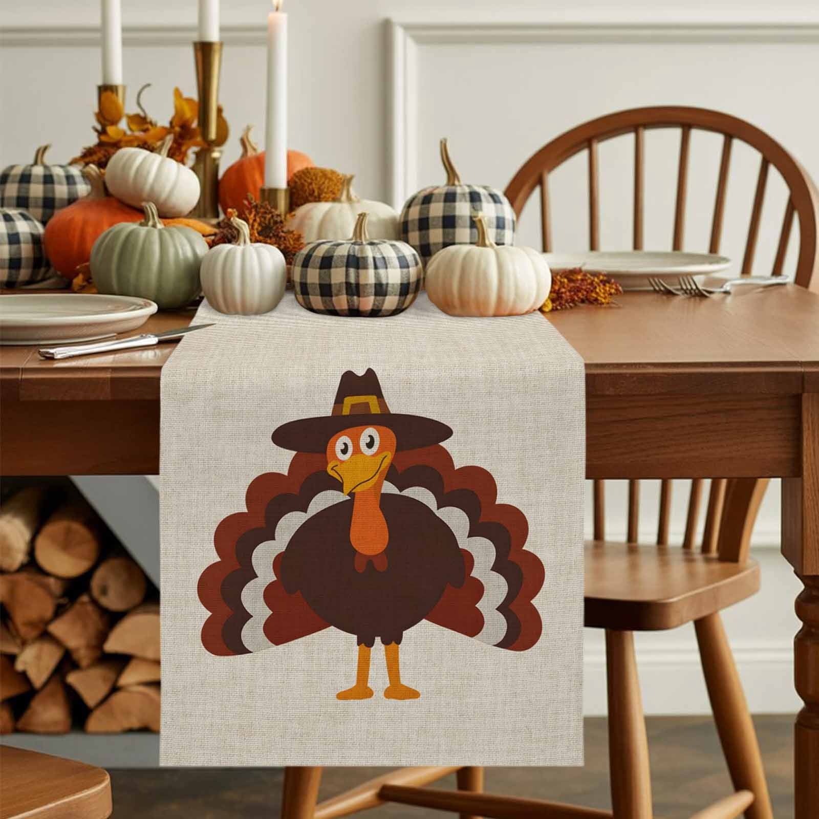 Autumn Thanksgiving Turkey Retro Linen Table Runner 13x36in Non-Slip ...