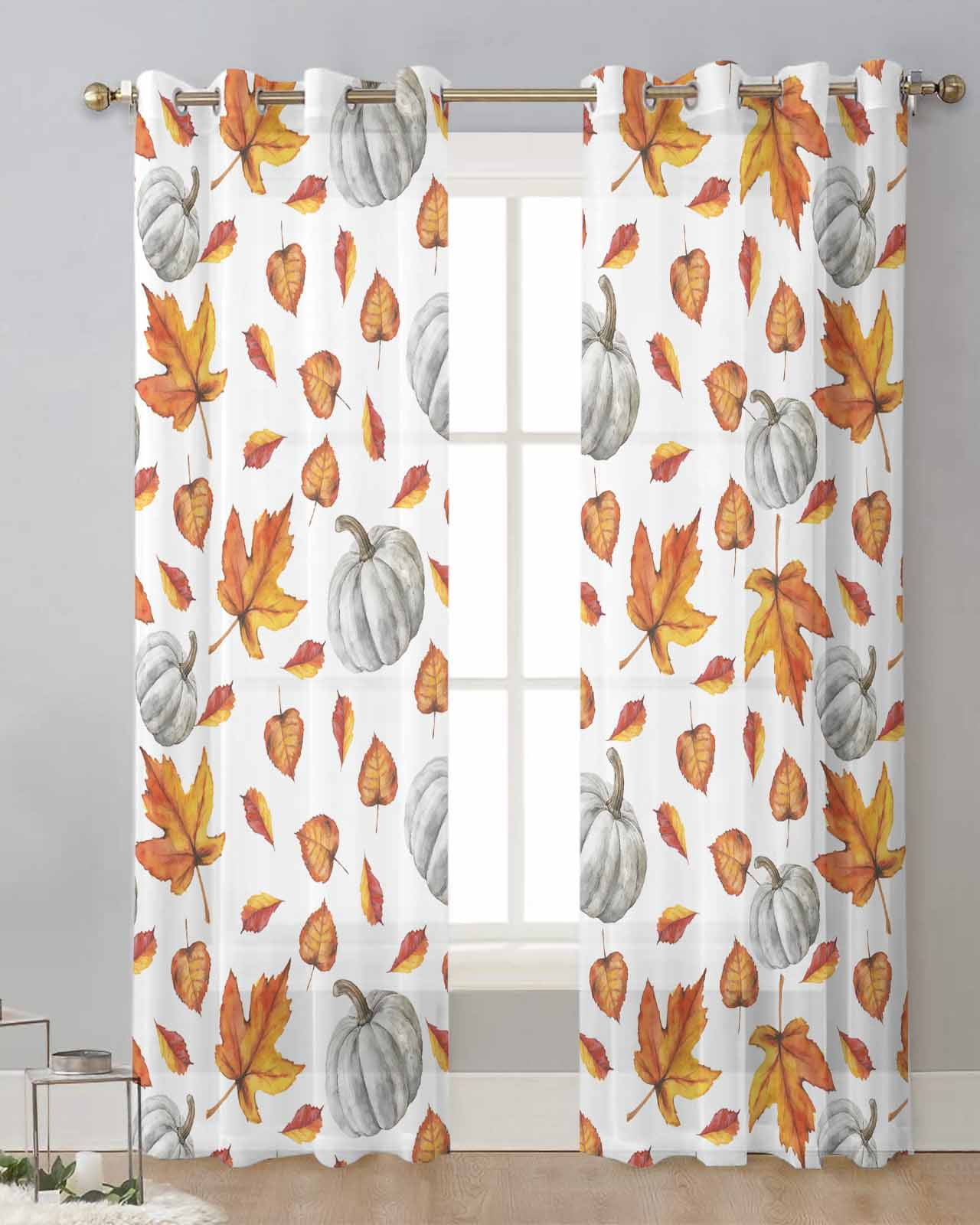Autumn Thanksgiving Watercolor Leaves Pumpkin Voile Curtain Window ...