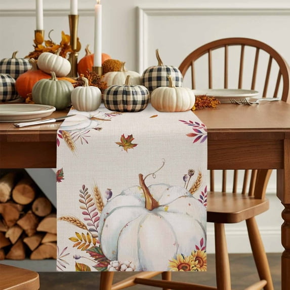 Autumn Thanksgiving White Pumpkin Table Runner 13x36in Non-Slip Cotton ...