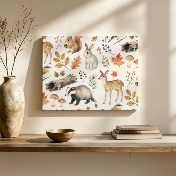 Autumn Theme Canvas Wall Art, Rustic Squirrel Rabbit Deer Badger Maple ...