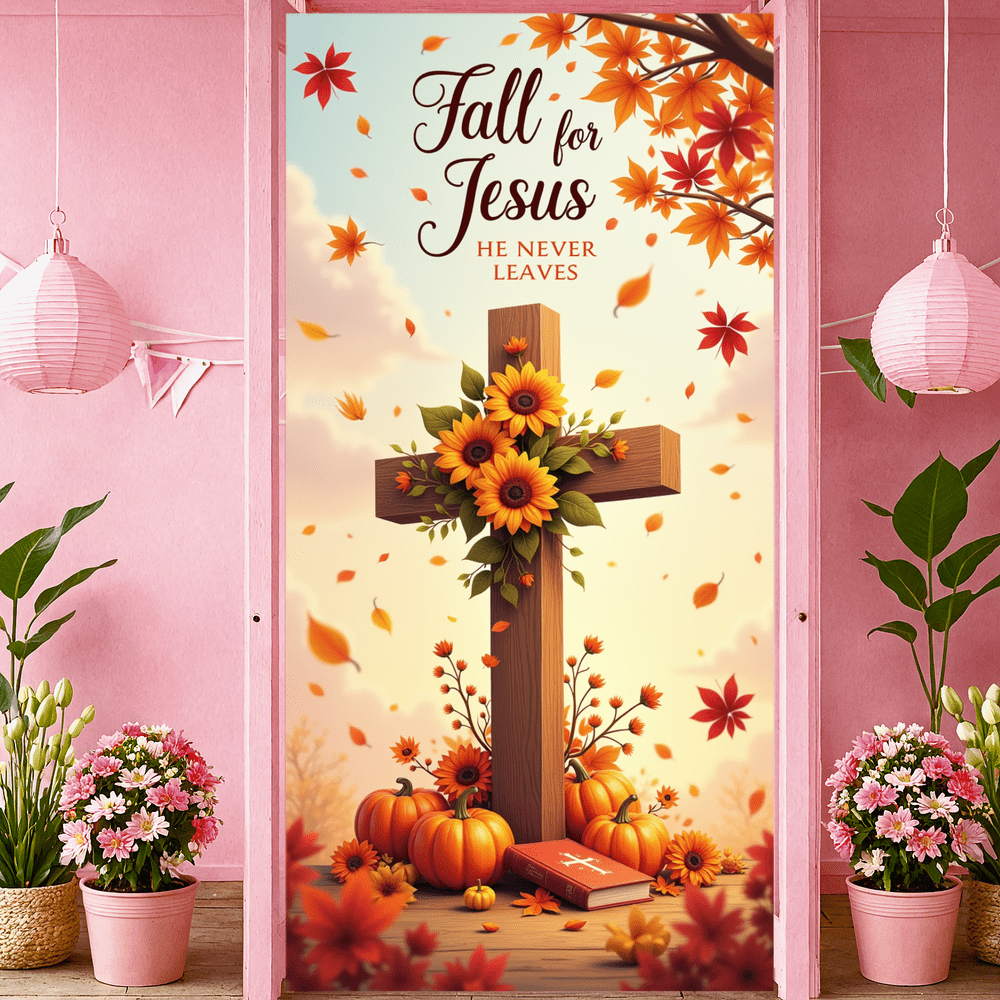 Autumn Theme Fall for Jesus Religious Banner Wooden Cross Sunflower ...