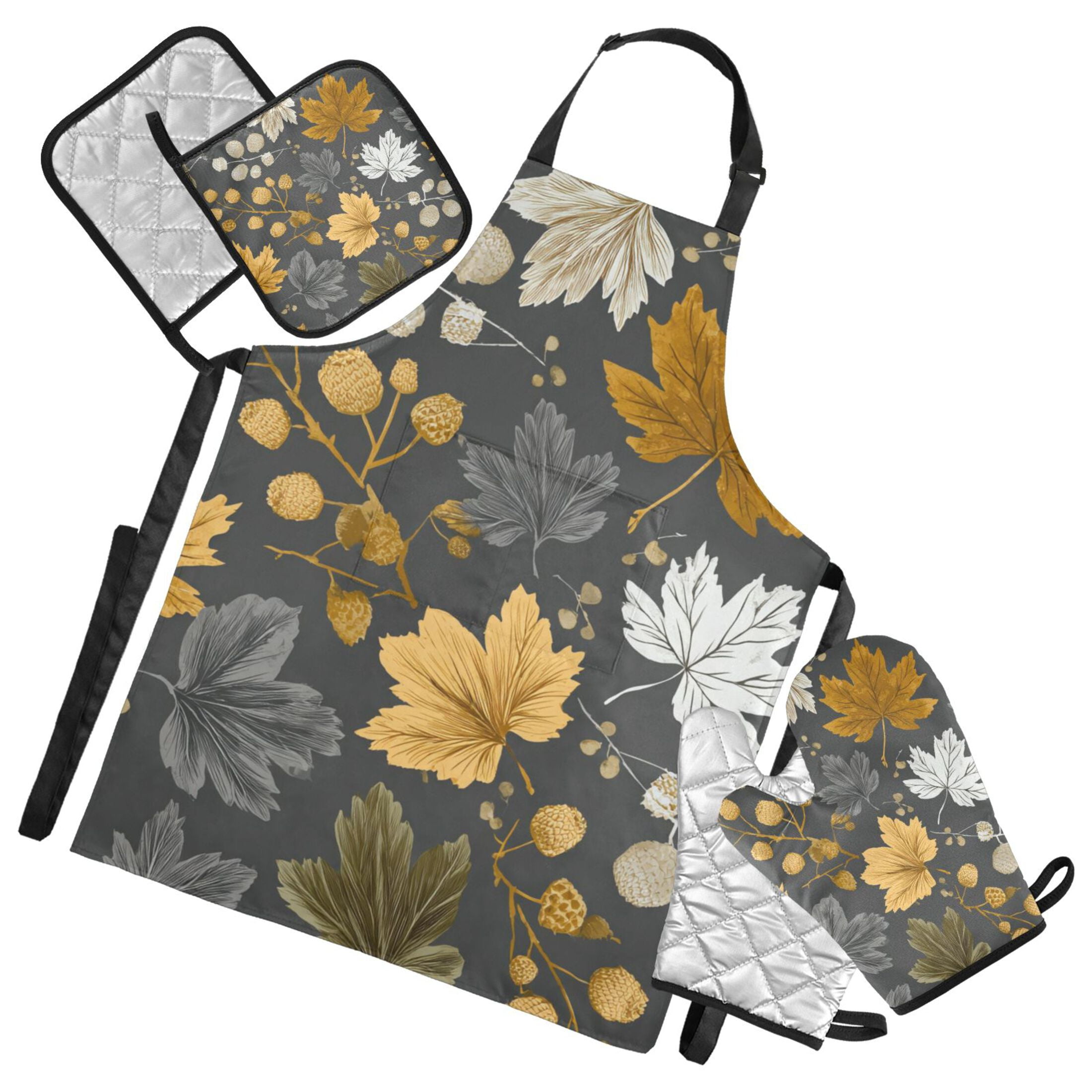 Autumn Theme Falling Maple Leaves Apron Set with Oven Mitts Pot Holders ...