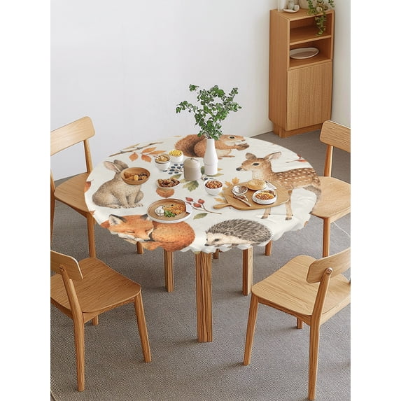 Autumn Theme Round Fitted Tablecloth with Elastic Edge, Rustic Squirrel ...