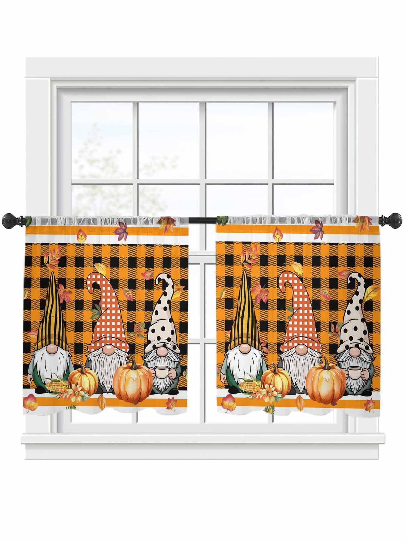 Autumn Theme Sheer Curtains 2 Panels Set Retro Pumpkin Gnome Floral ...