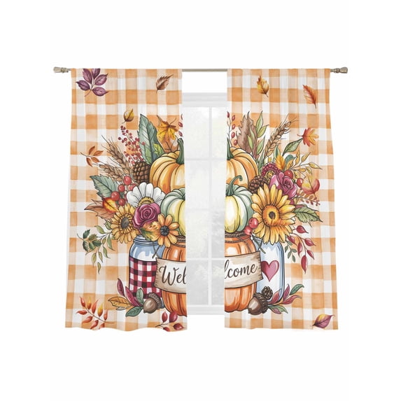 Autumn Theme Sheer Curtains 2 Panels Set Vintage Yellow Pumpkin Floral ...