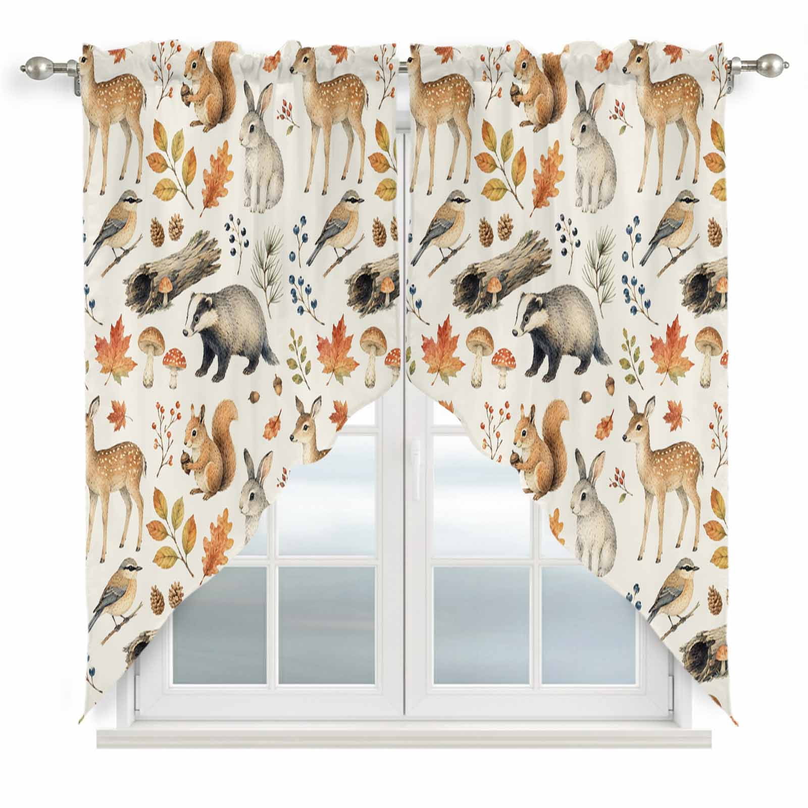 Autumn Theme Swag Curtain Valance for Windows, Rustic Squirrel Rabbit ...