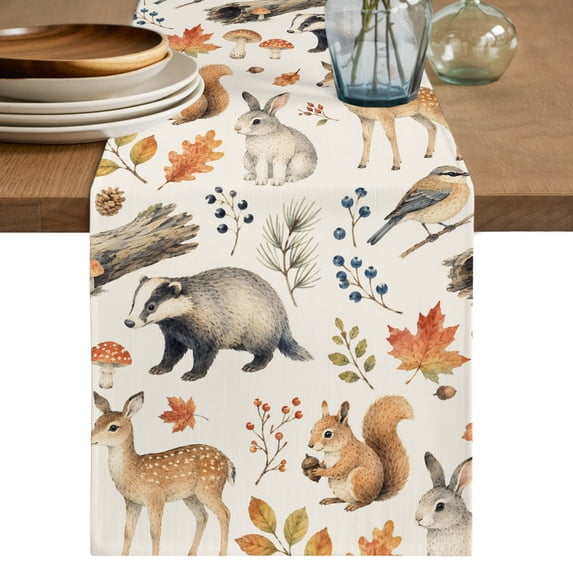 Autumn Theme Table Runner, Rustic Squirrel Rabbit Deer Badger Maple ...