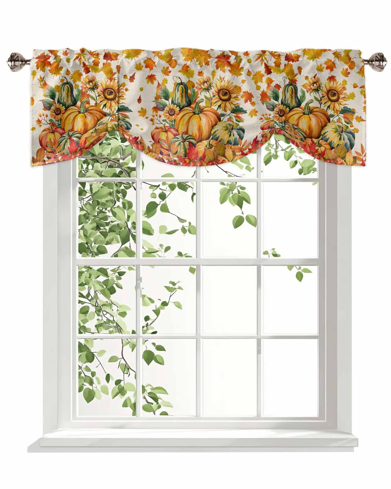 Autumn Theme Tie Up Valances Curtain, Adjustable Kitchen Orange Pumpkin ...