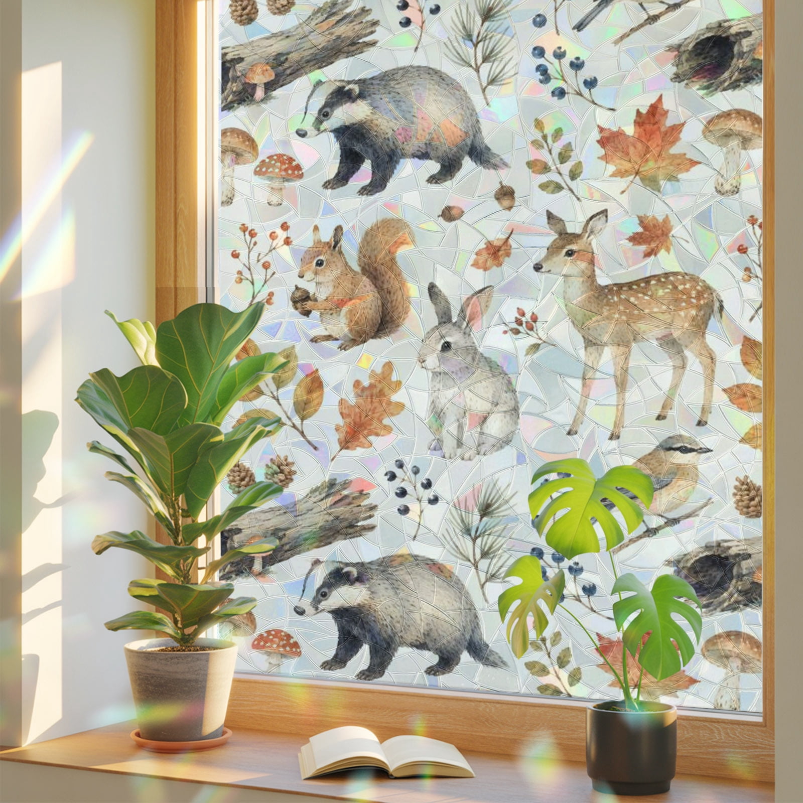Autumn Theme Window Privacy Film, Rustic Squirrel Rabbit Deer Badger ...