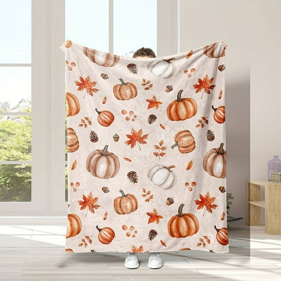 Autumn-Themed Fleece Throw: Cozy Blanket with Pumpkins, Spices, Maple ...