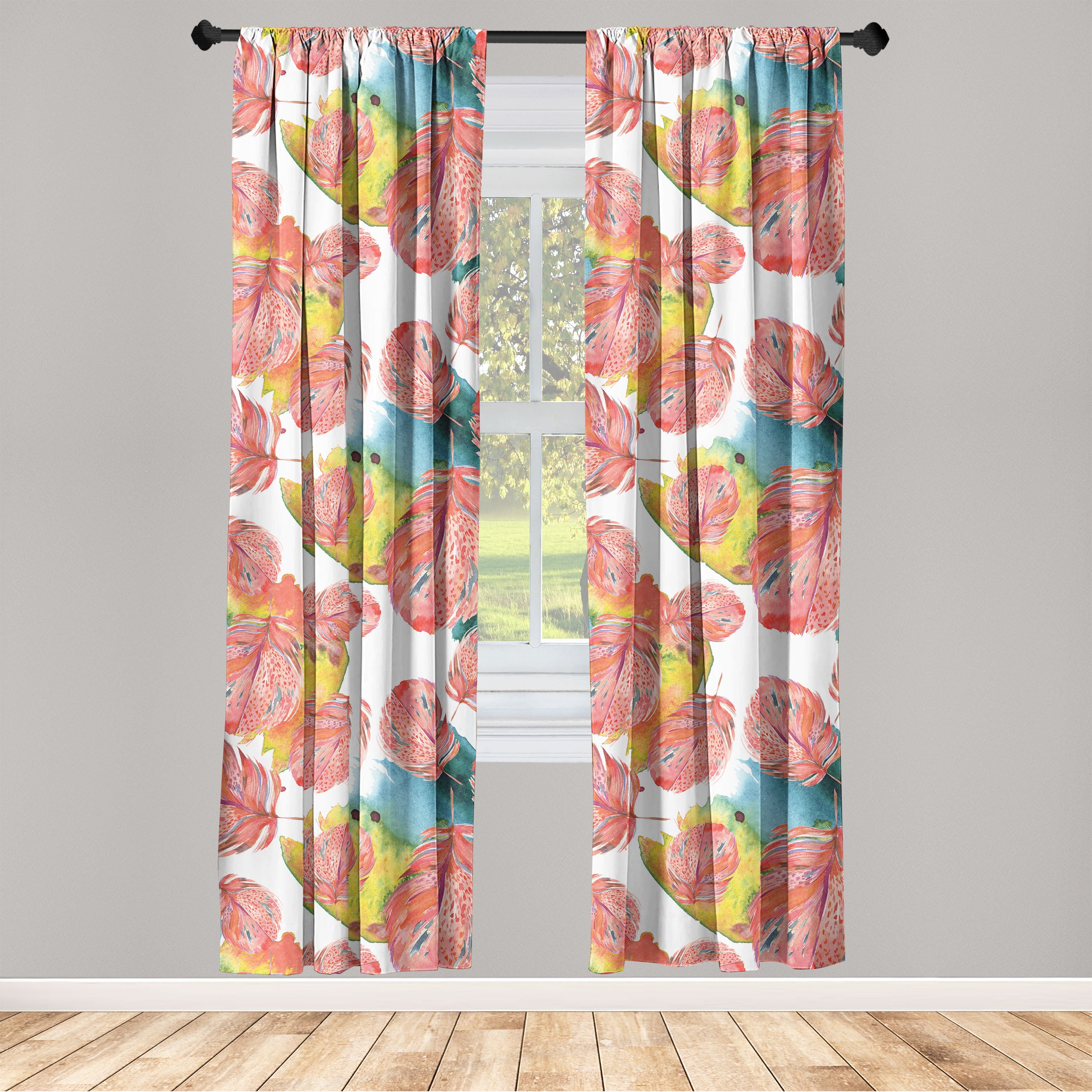 Autumn Themed Window Curtains, Pastel Colors Bird Feathers Pattern on ...