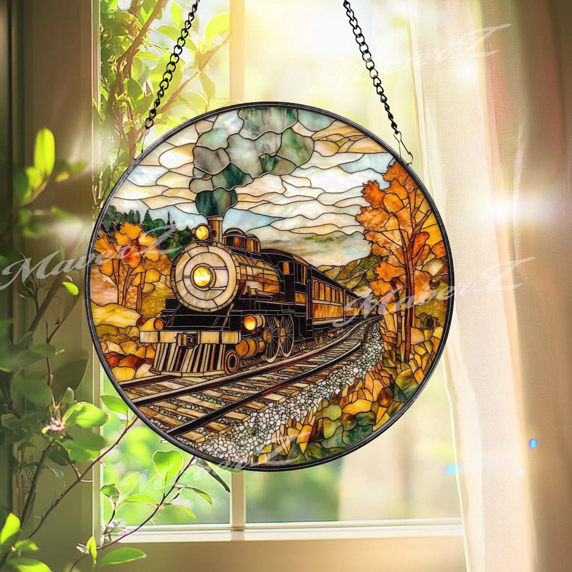 Autumn Train Glass Suncatcher, Vintage Locomotive Window Panel, 6.3 in ...
