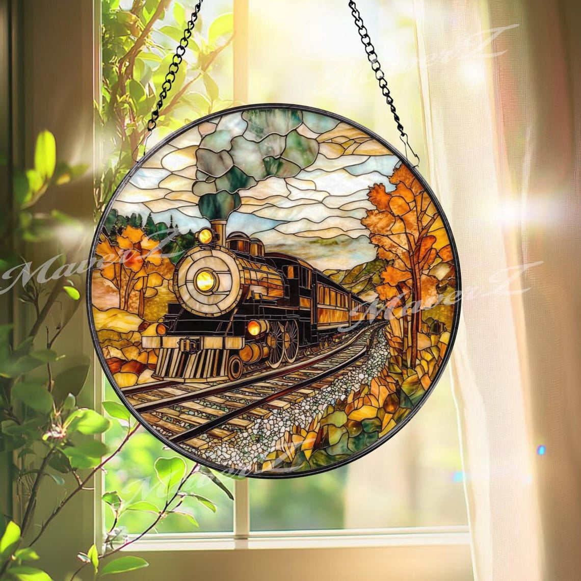 Autumn Train Suncatcher: Vintage Locomotive Glass Window Panel ...