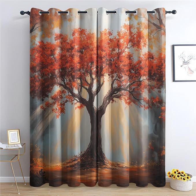 Autumn Tree Curtains, Red Maple Forest Patterned Blackout Curtains for ...