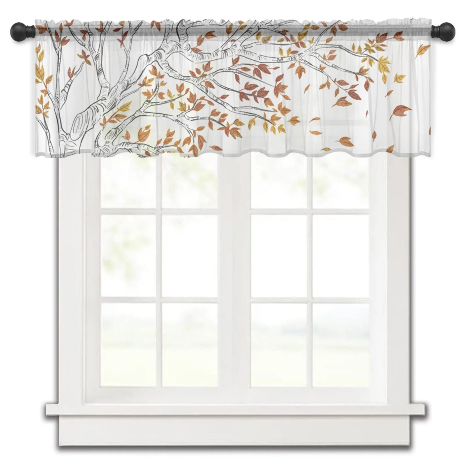 Autumn Tree Fallen Leaves Kitchen Small Window Curtain Tulle Sheer ...