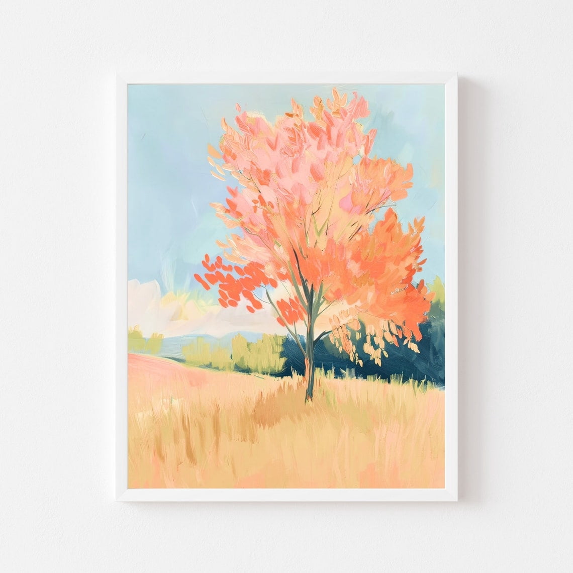 Autumn Tree Landscape Painting Colorful Fall Field Wall Art Print Pink ...