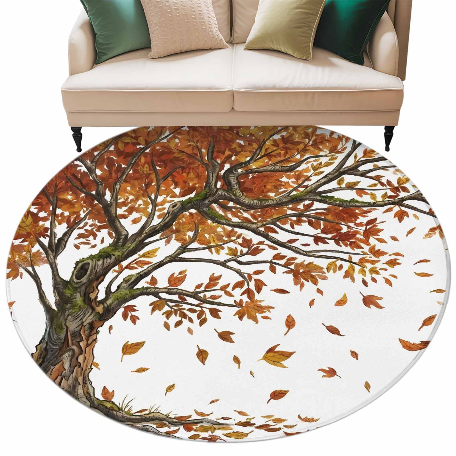 Autumn Tree Large Round Rug 8Ft Vintage Orange Red Fall Maple Leaf ...