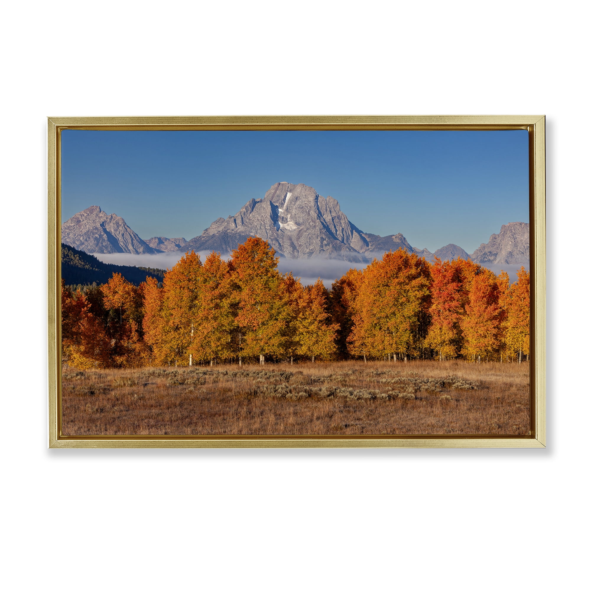 Autumn Tree Line With Mountain Gold Framed Floater Canvas Wall Art ...