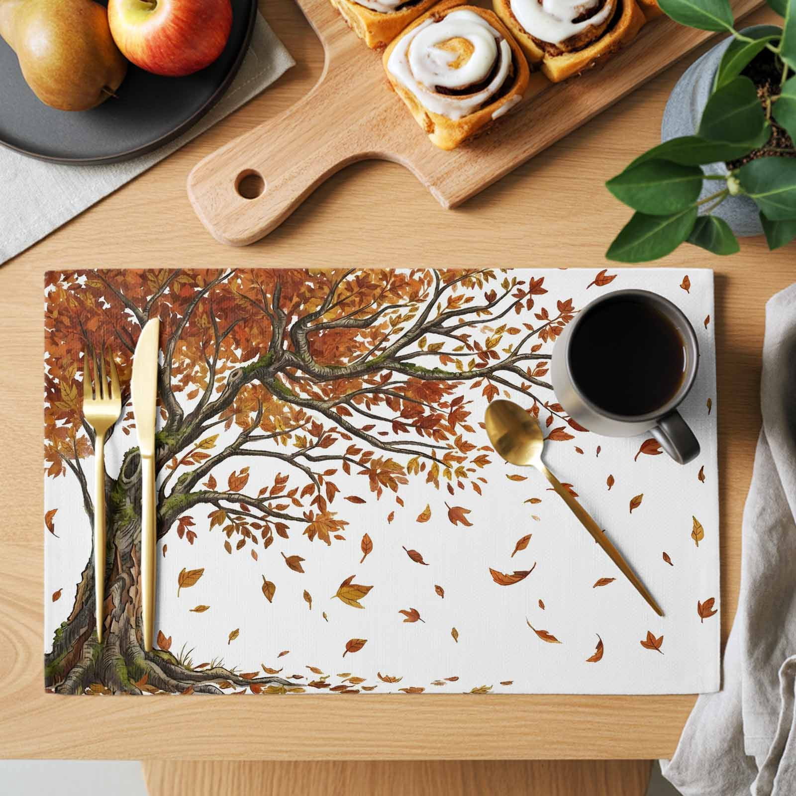 Autumn Tree Placemats Set of 1, Vintage Orange Red Fall Maple Leaf ...