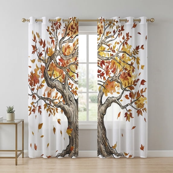 Autumn Tree Sheer Curtains 63 Inch Long 2 Panels, Vintage Watercolor ...
