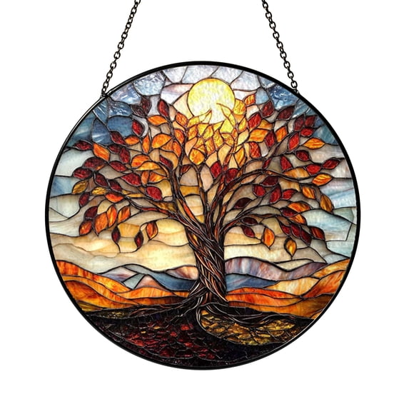 Autumn Tree Stained Glass Suncatcher, Fall Leaves Window Hanging Art ...