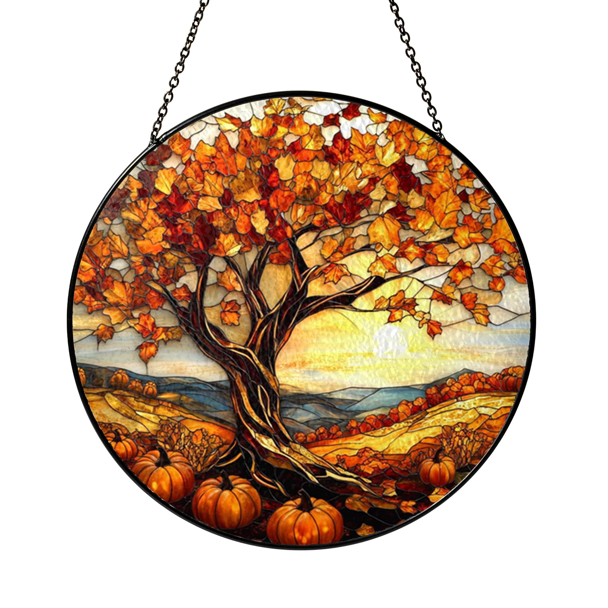 Autumn Tree Stained Glass Suncatcher – Pumpkin Harvest Window Art ...