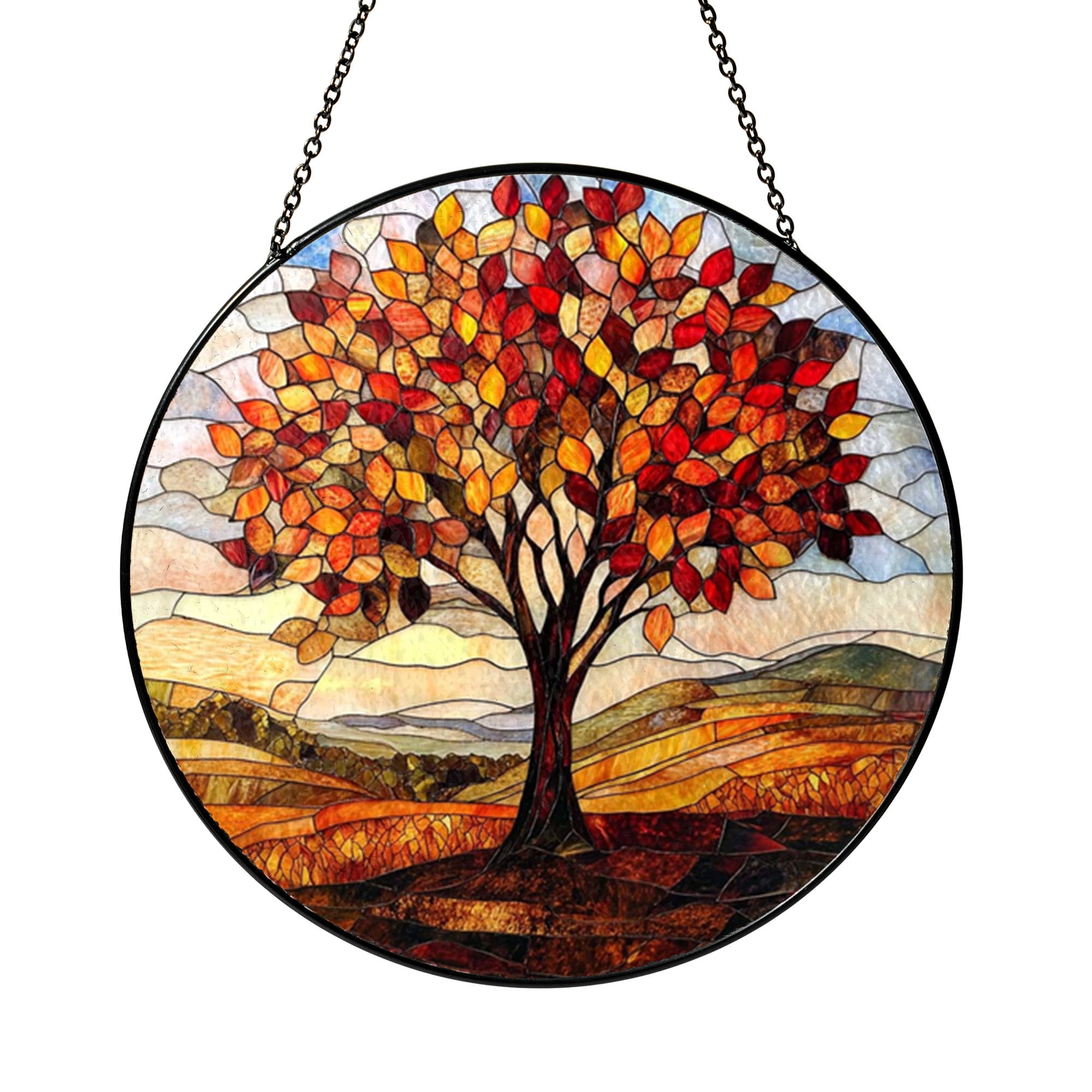 Autumn Tree Stained Glass Suncatcher – Scenic Hillside Window Decor ...