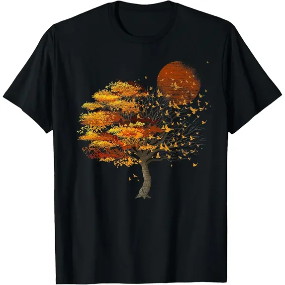 Autumn Tree Sunset Birds Flying Graphic Unisex Short Sleeve Casual T ...