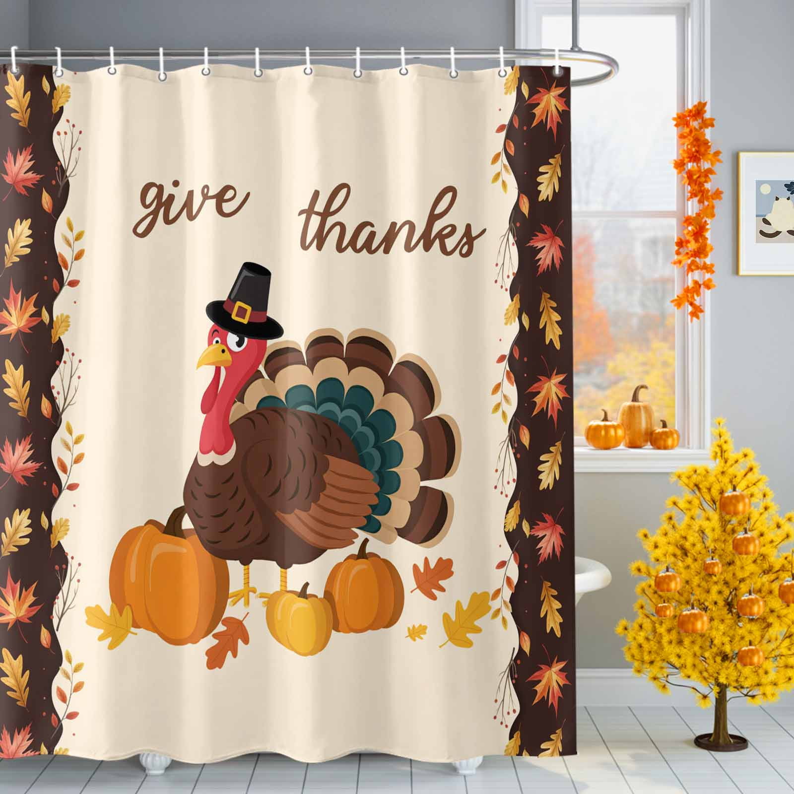 Autumn Turkey Shower Curtains for Bathroom, Pumpkin Maple Leaf Brown Beige Give Thanks ...