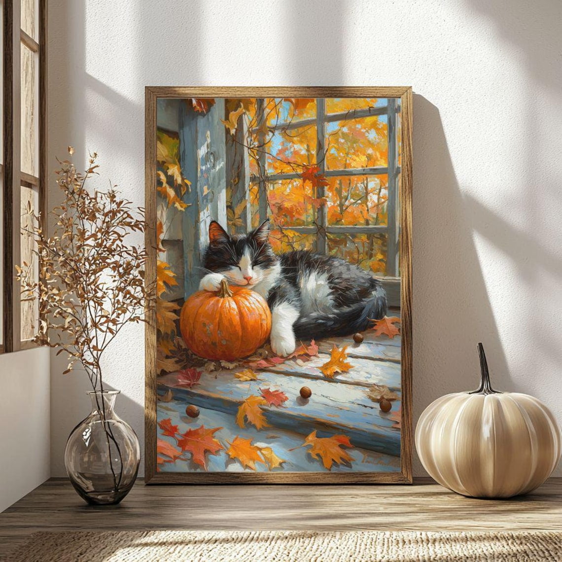 Autumn Tuxedo Cat On Porch Poster, Farmhouse Fall Decor, Fall Wall Art ...