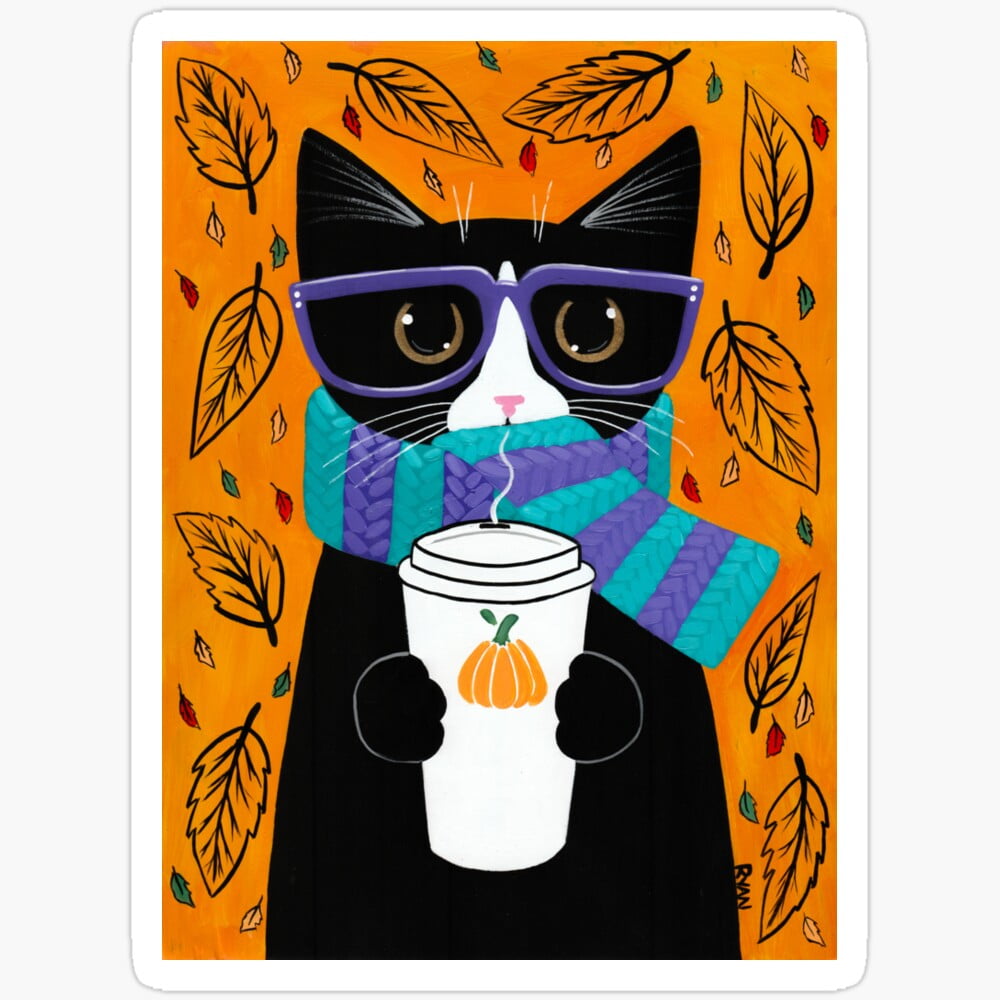 Autumn Tuxedo Coffee Cat Sticker Phone Decal Water Bottle Stickers Car ...